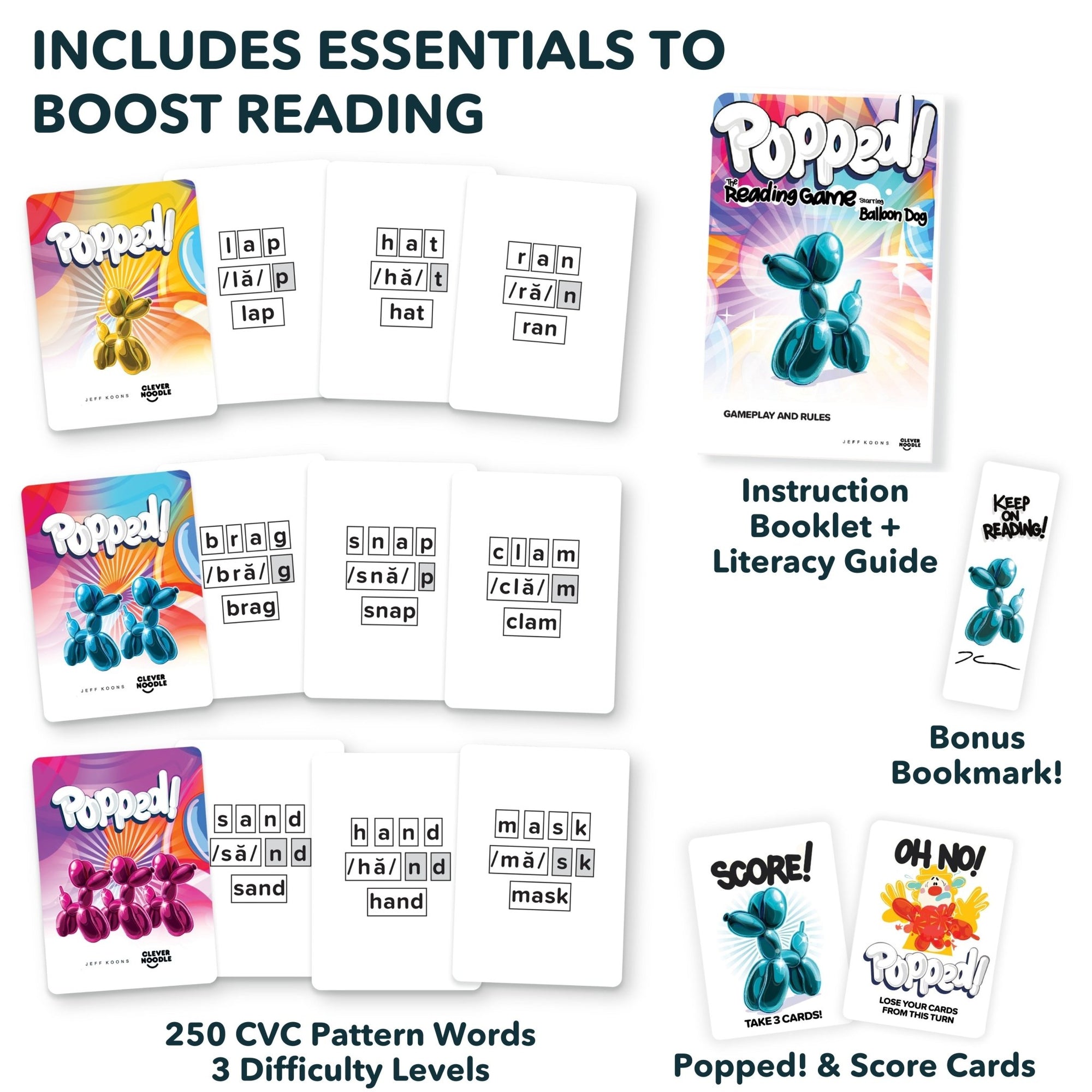 Popped! 250 CVC Word Card Game with Balloon Dog | Clever Noodle
