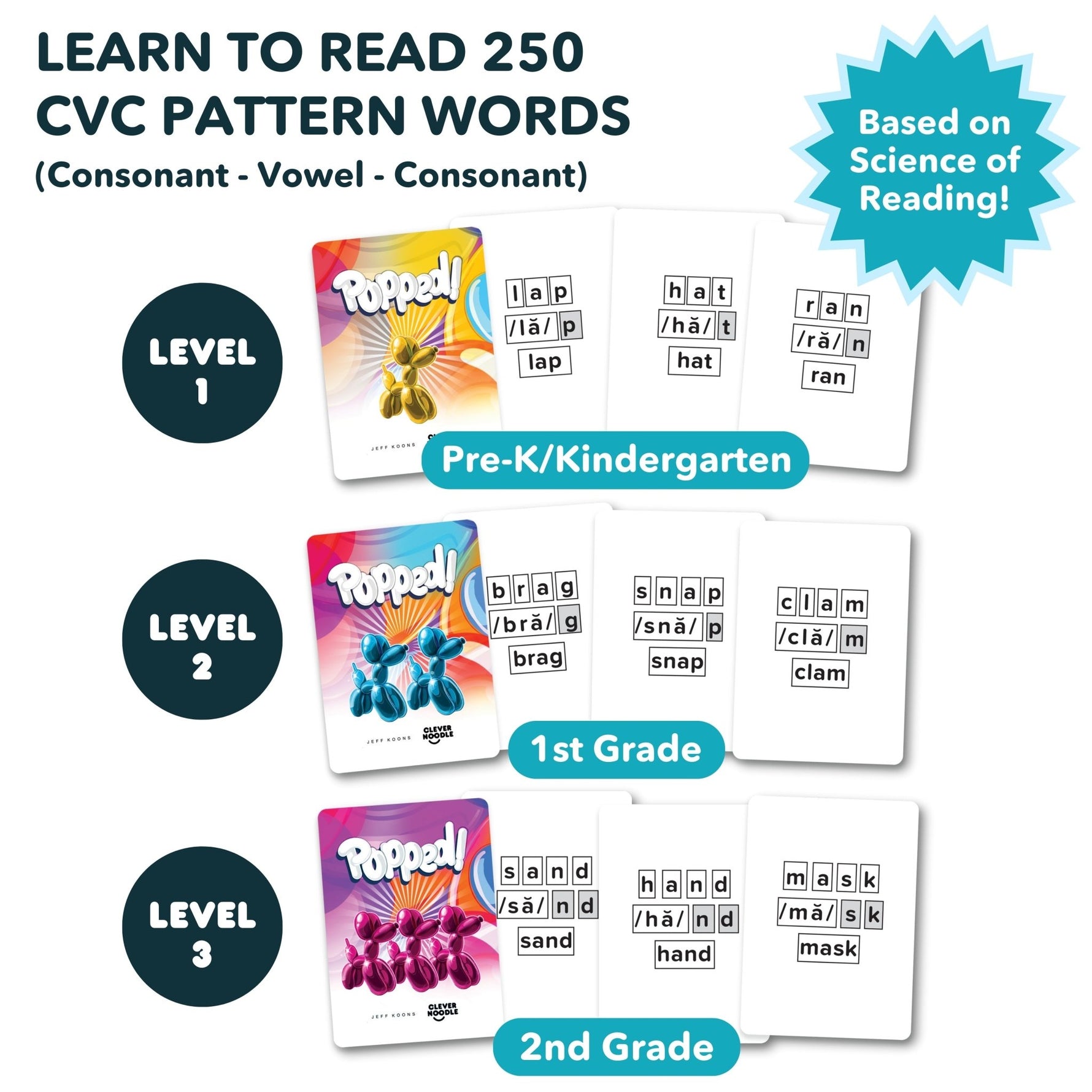 Popped! 250 CVC Word Card Game with Balloon Dog | Clever Noodle